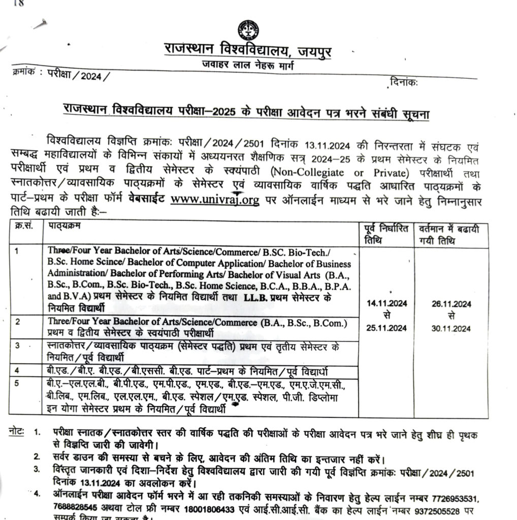 Rajasthan University Semester Exam Form Fill-Up 2025 Download Online @www.uniraj.ac.in